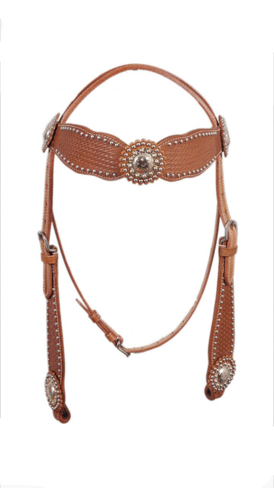Western Natural Leather Brow band Style Headstall with Silver Spots and ...