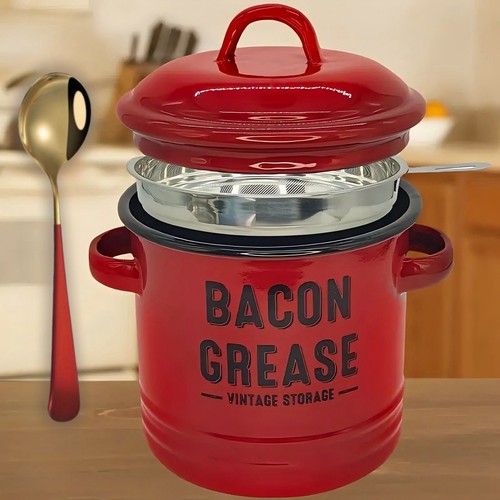 46 oz grease collection with strainer and metal spoon - Large enamel ...
