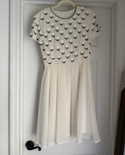 French Connection Ivory Black Floral Sequin Beaded A-Line Knee Dress ...