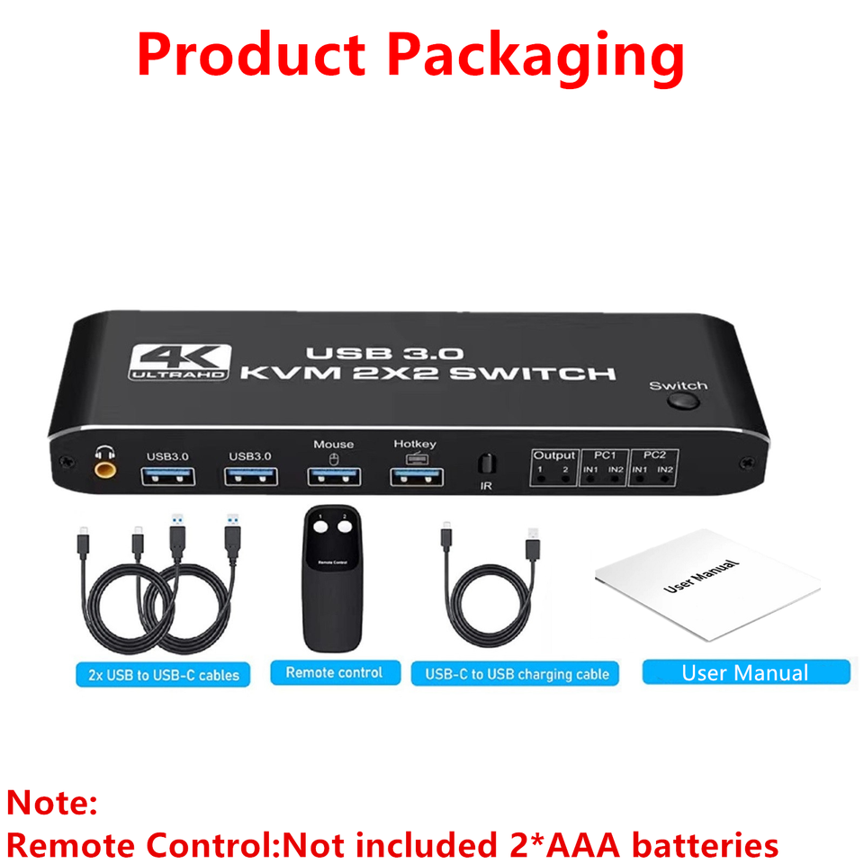 2x2 4K 60Hz USB 3.0 HDMI KVM Switch Hub With Keyboard Hotkey Extended ...