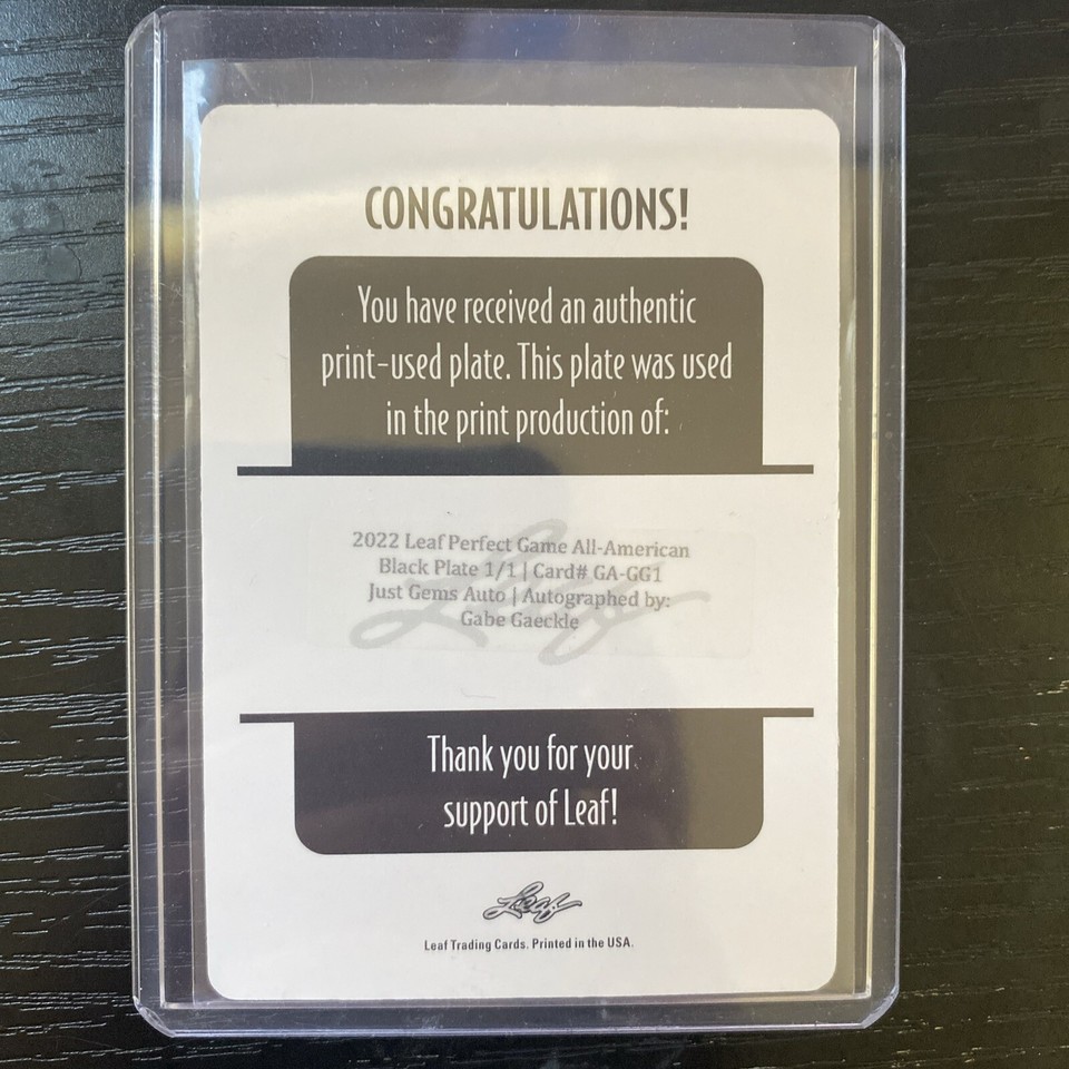 2022 Leaf Perfect Game PG Prospect Printing Plate Auto 1/1 Gabe Gaeckle ...