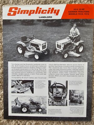 Simplicity Landlord Garden Tractors Sales Spec Sheet - Models 7010 7012 ...