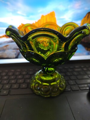 LE Smith Glass Compote Moon and Stars Green Pedestal Dish | eBay