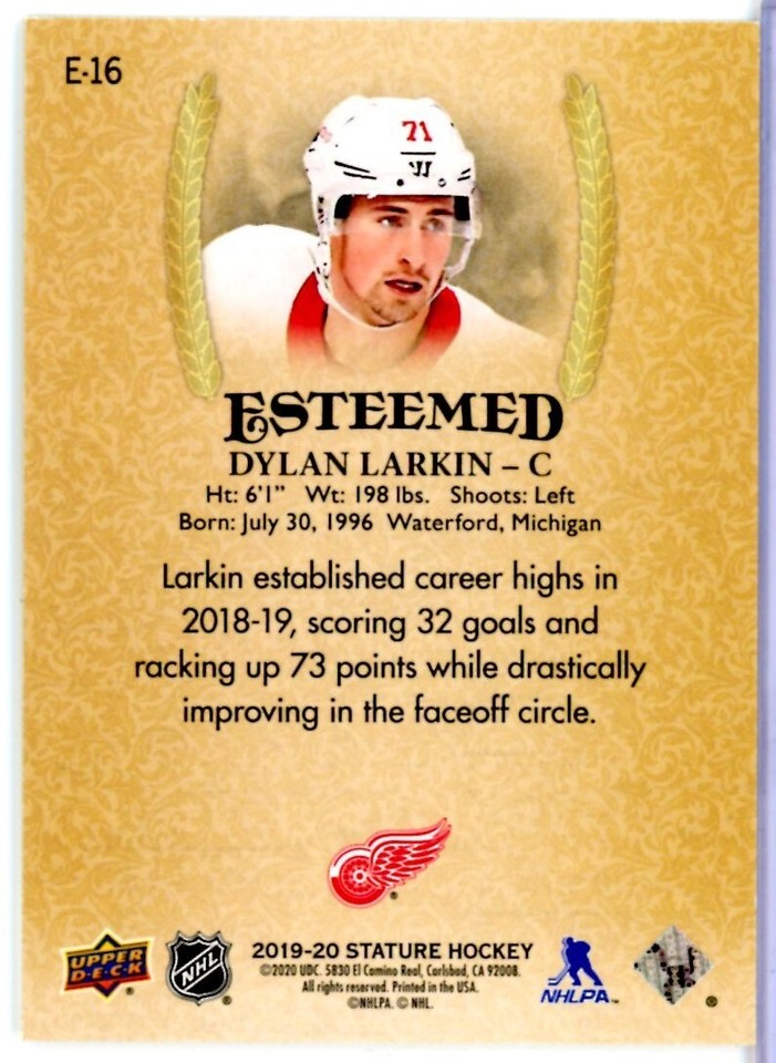 2019-20 Upper Deck Stature Esteemed Green #E16 Dylan Larkin /99 - RED ...