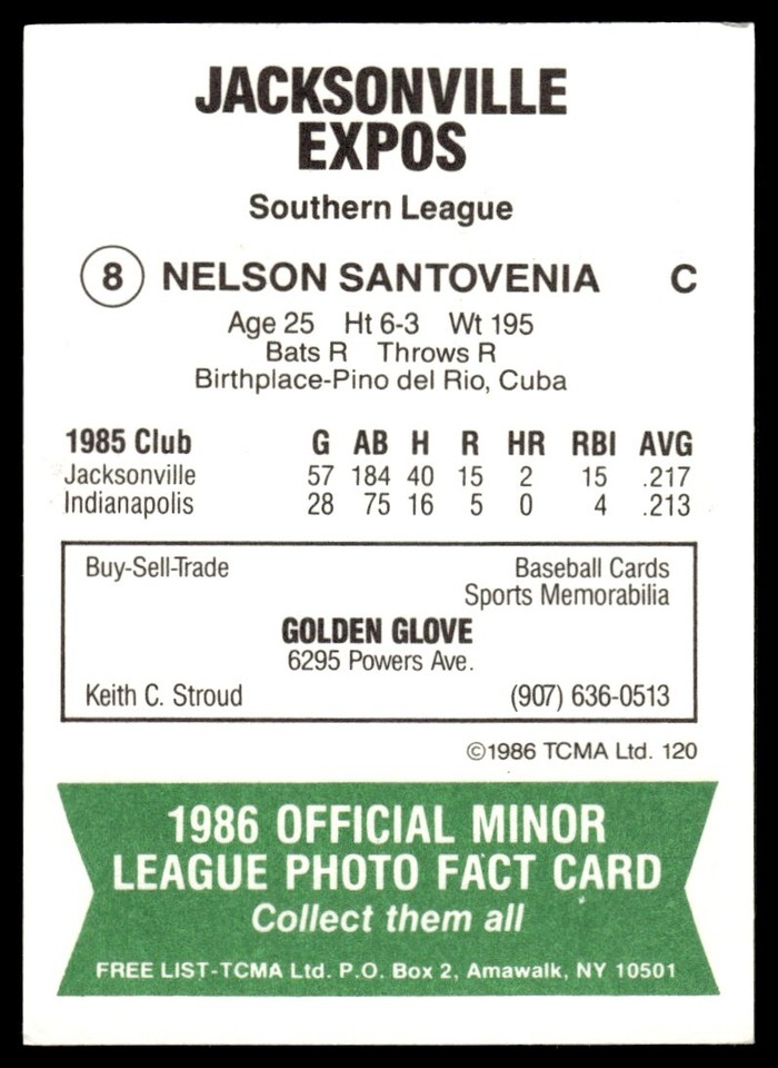 1986 TCMA Jacksonville Expos Nelson Santovenia Jacksonville Expos #8 | eBay