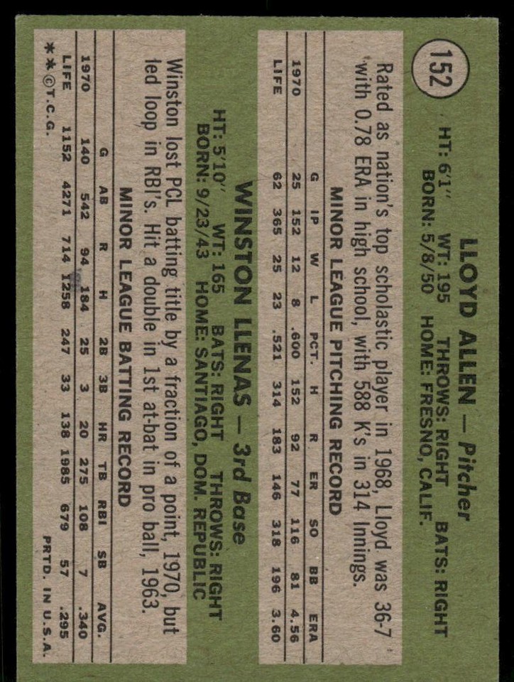 1971 Topps #152 Angels 1971 Rookie Stars (Lloyd Allen / Winston Llenas ...