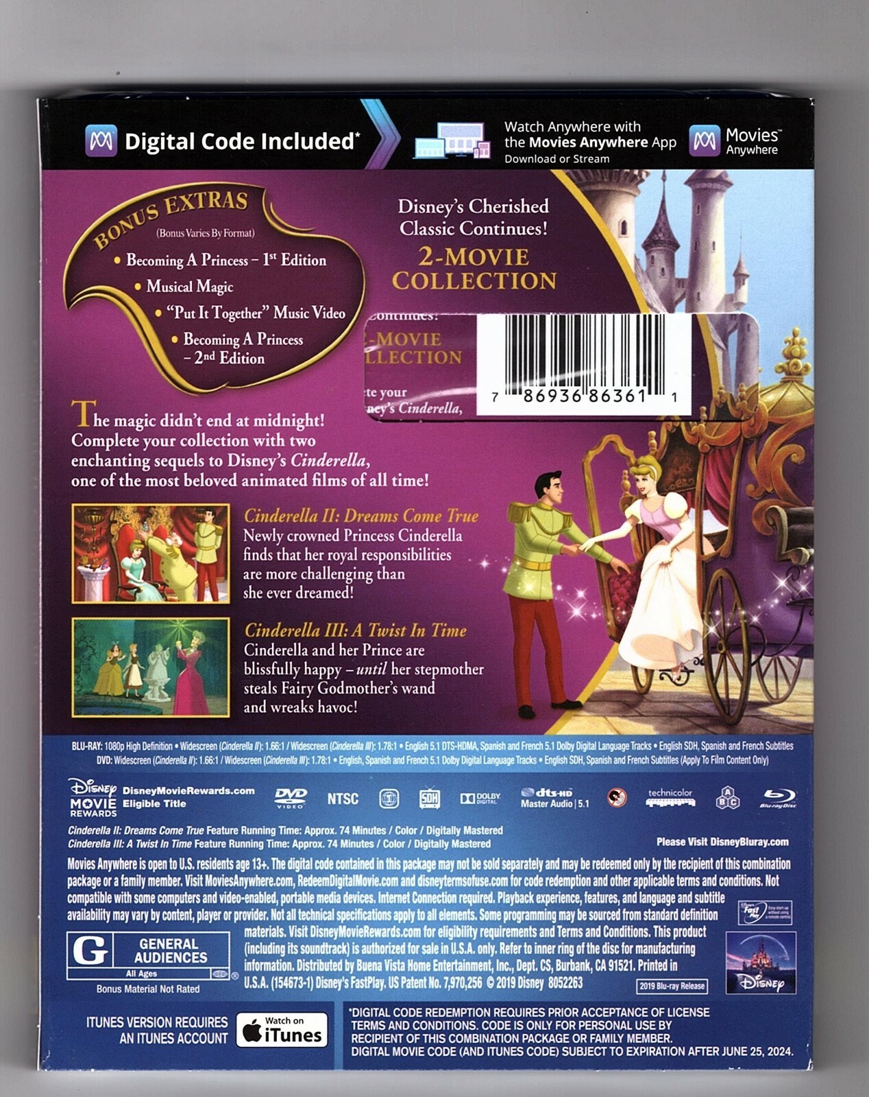 Disney Cinderella II and III Blu-Ray DVD Digital Code Exclusive Slip ...