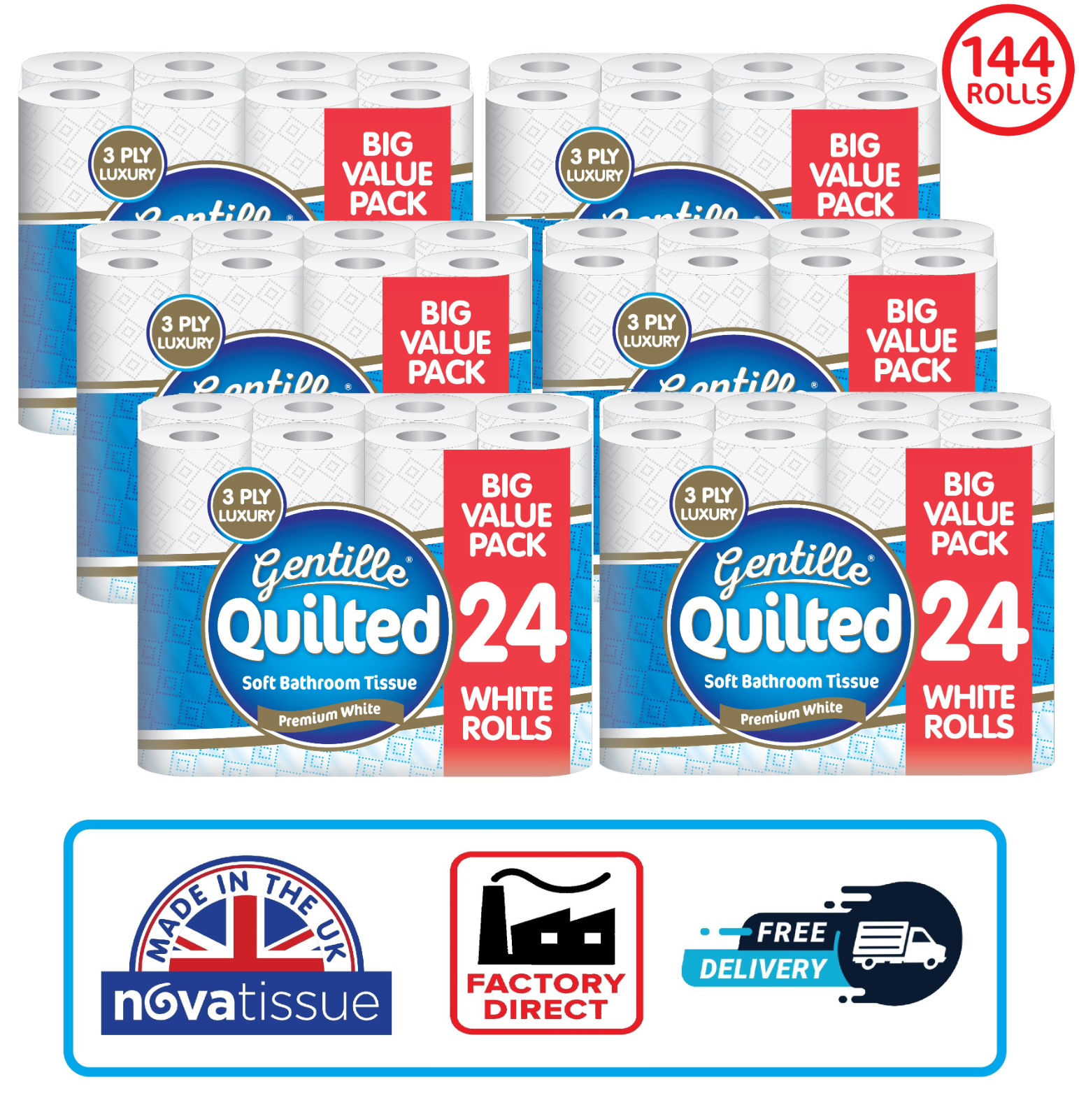 Gentille Quilted Toilet Rolls 3ply Luxury Soft Strong Tissue Paper 16 ...