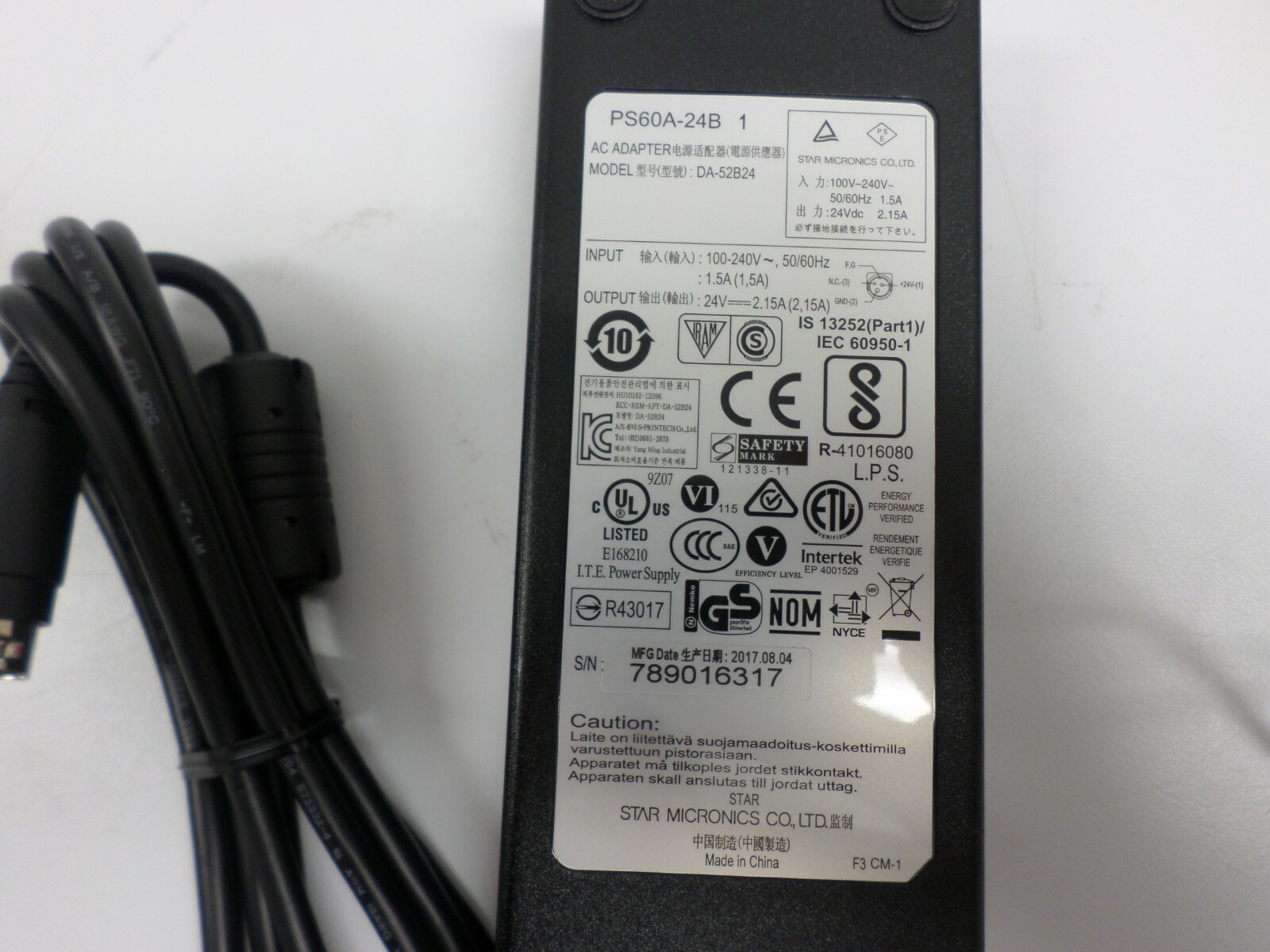 Star Micronics PS60A-24B Universal AC Adapter DA-52B24 24V 2. No Power ...