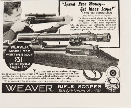1939 Print Ad Weaver Rifle Scopes Model 330 with Type B Mount El Paso ...