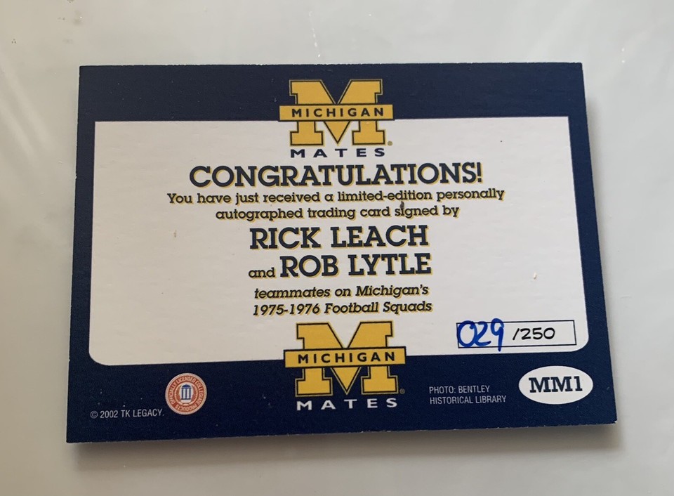 Rick Leach Rob Lytle Tk Legacy Autograph Card Michigan Football | eBay