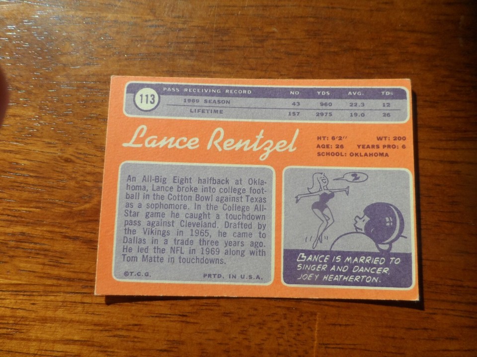 1970 TOPPS FOOTBALL #113 LANCE RENTZEL DALLAS COWBOYS EX J-674 | eBay