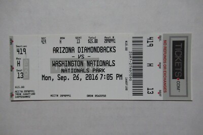 WASHINGTON NATIONALS VS DIAMONDBACKS 9/26/2016 FULL TICKET ~ JEAN ...