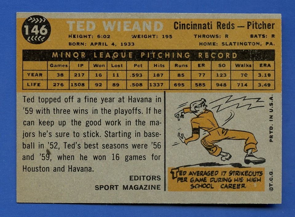 1960 TOPPS # 146 TED WIEAND CINCINNATI REDS NM FREE SHIPPING | eBay