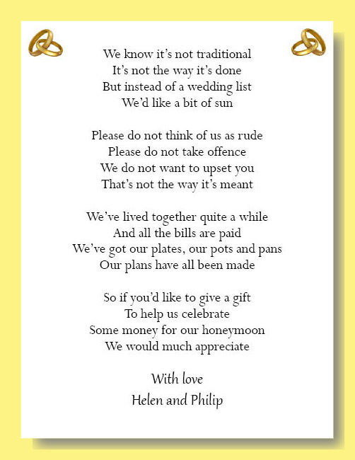 25 Money Cash Gift Poem Cards - Personalised - Wedding, Honeymoon Money ...