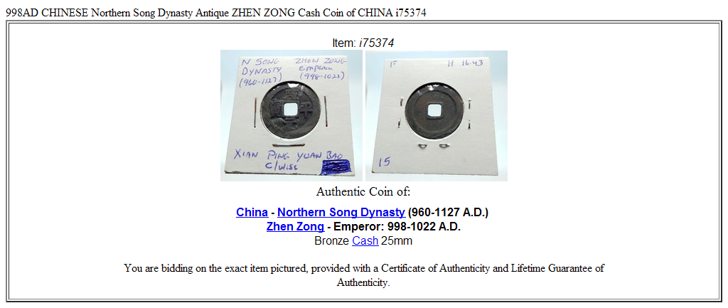 998AD CHINESE Northern Song Dynasty Antique ZHEN ZONG Cash Coin of ...