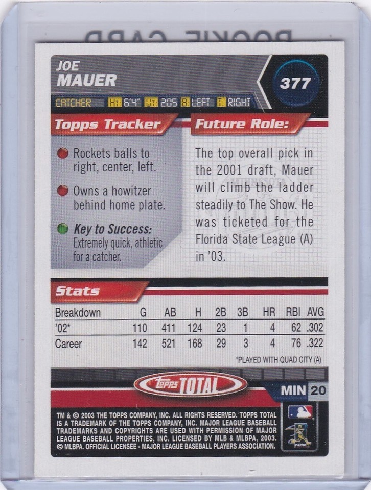 JOE MAUER ROOKIE CARD Minnesota Twins Baseball TOPPS TOTAL RC MLB HOFer ...