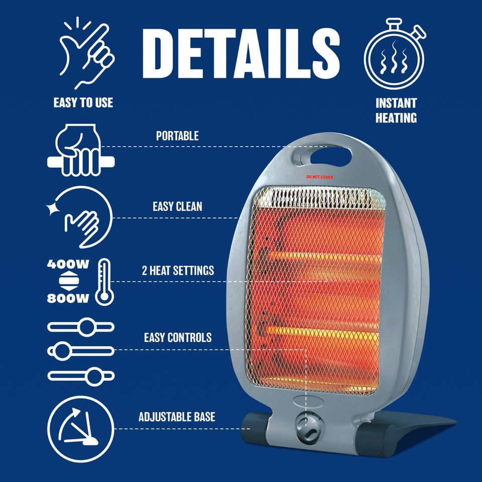 800W HALOGEN HEATER INSTANT HEAT WINTER WARM 2 BAR HOME OFFICE COMPACT ...