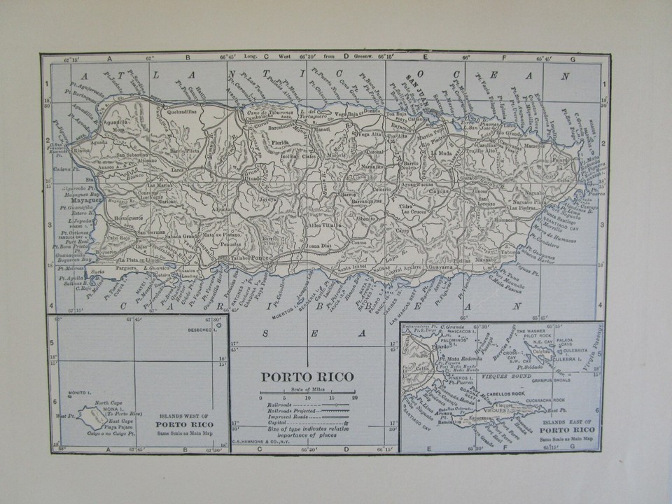1931 Small PR PUERTO PORTO RICO, VIRGIN ISLANDS Map, Blue/Black + US ...