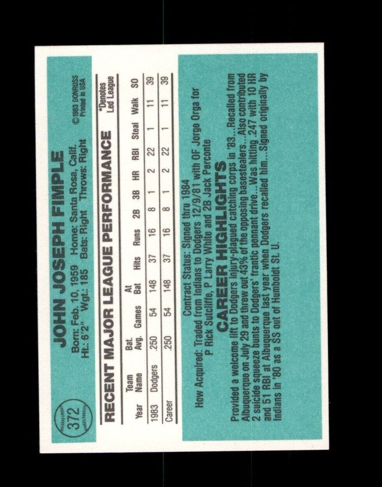 1984 Donruss #372 Jack Fimple SET BREAK | eBay
