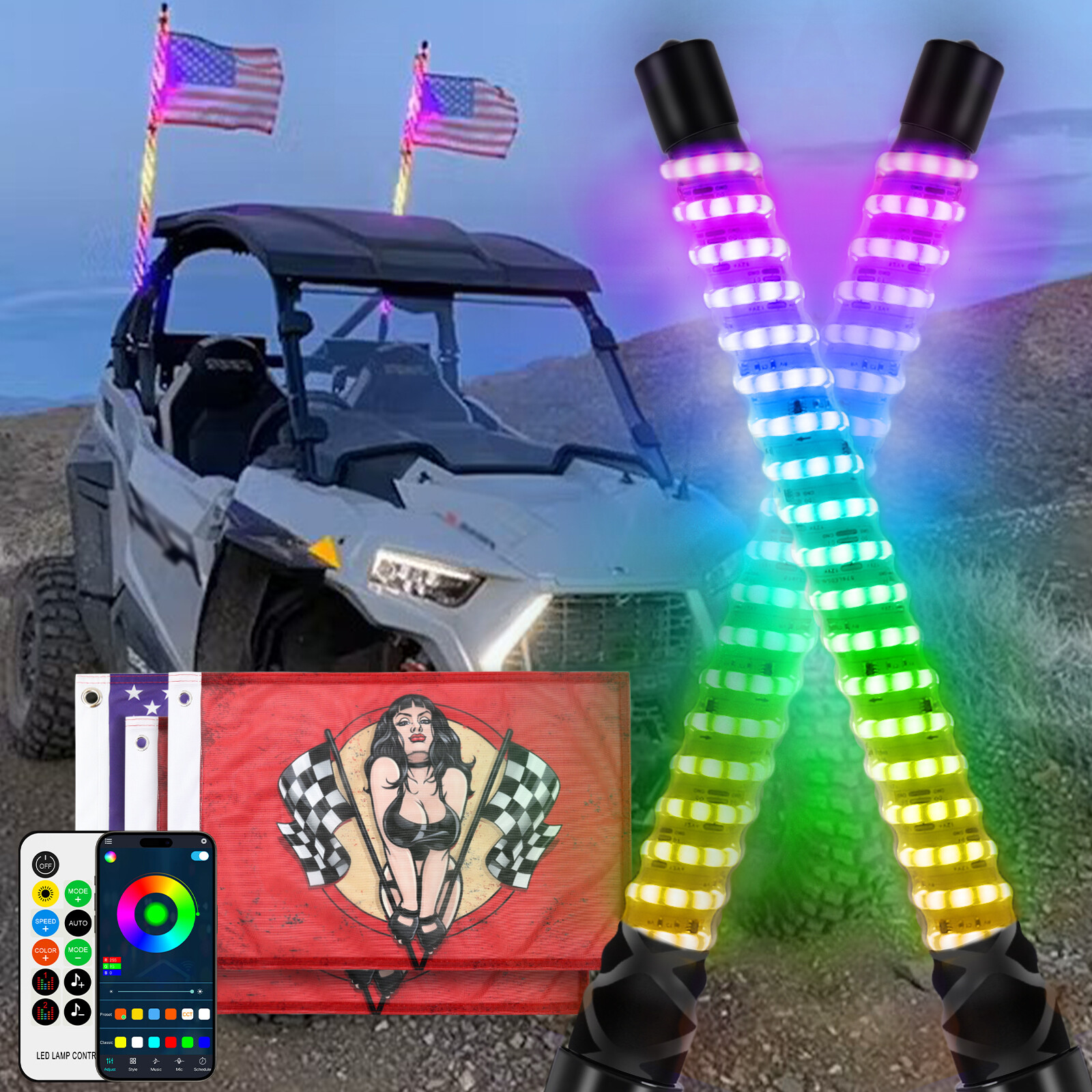 For Polaris RZR Trail 570 900 1000 2X 2FT COB RGB LED Spiral Whip ...