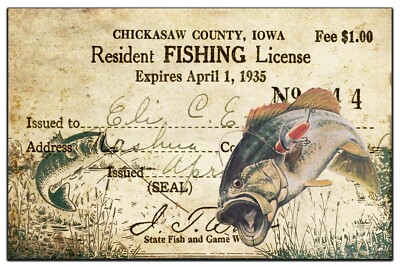 Vintage Iowa Bass Fishing License Art Print 11x17 Hunting Cabin Wall ...