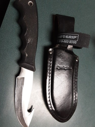 Remington Model Drop Point Gut Hook Knife w Leather Sheath & Safety ...