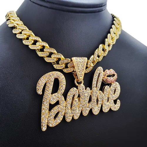 Women Gold Plated Large Barbie Charm & Iced Cubic Zirconia Cuban Chain ...