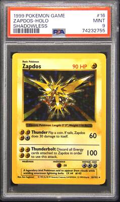 1999 Pokemon Base Set 16 Zapdos Shadowless Holo Rare Pokemon TCG Card ...