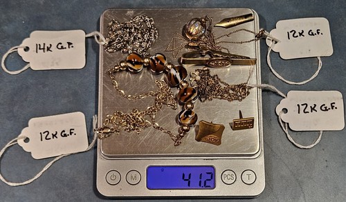 Lot 41.2 Grams Gold 14K 12K G.F. 14K G.P. 1/10-10K Necklaces Pins Scrap ...