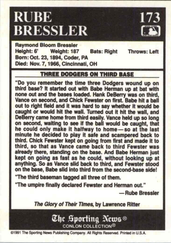 1991 Conlon Collection - The Sporting News - RUBE BRESSLER 😎 Trading ...