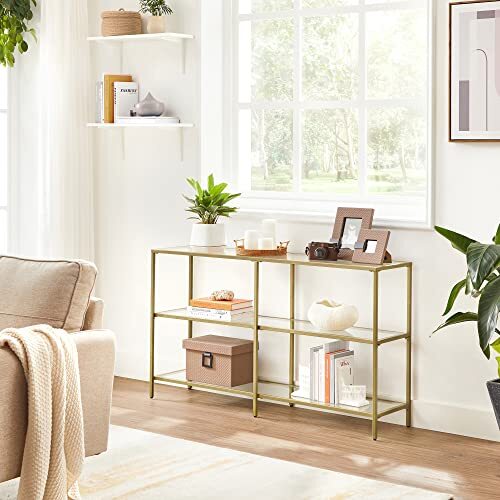 51.2 Inch Console Sofa Table With 3 Shelves Metal Frame Tempered Glass ...
