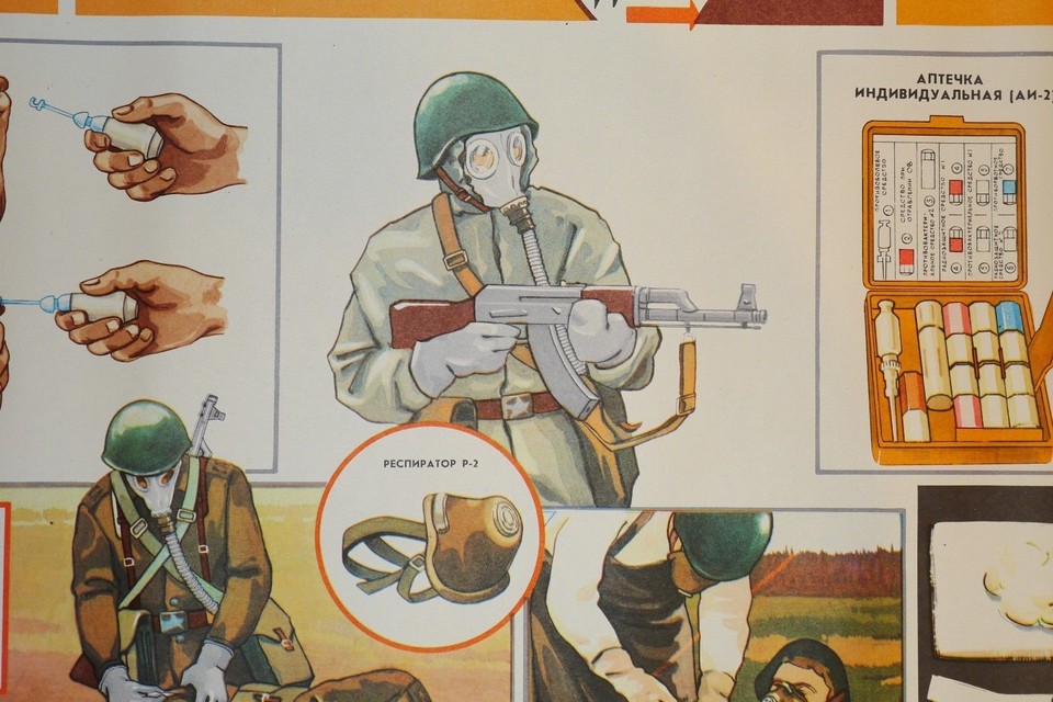 Authentic Soviet USSR Military Poster Civil Defense Chemical Suit First ...