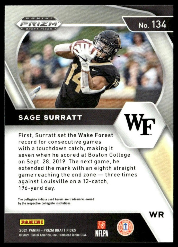 Sage Surratt 2021 Panini Prizm Draft Picks Collegiate Card #134 | eBay