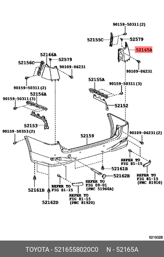 Original Case, Rear Bumper, Upper Right, 5216558020C0 for TOYOTA 52165 ...