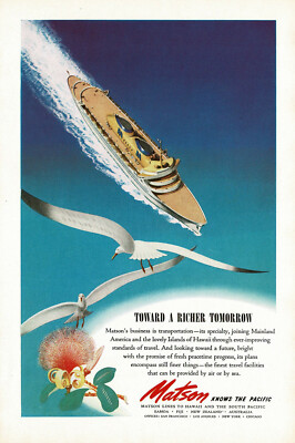 1940s Vintage Matson Hawaii Cruise Mid Century Travel Mini Poster Art ...