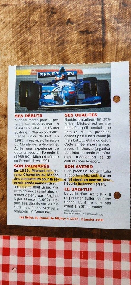 FICHE JOURNAL DE MICKEY / AUTOMOBILE F 1 / MICHAEL SCHUMACHER | eBay UK