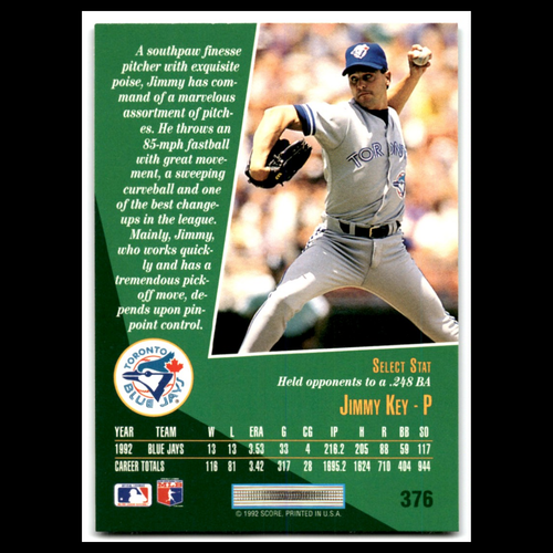 Jimmy Key #376 1993 Select Toronto Blue Jays Baseball Card MLB NM | eBay