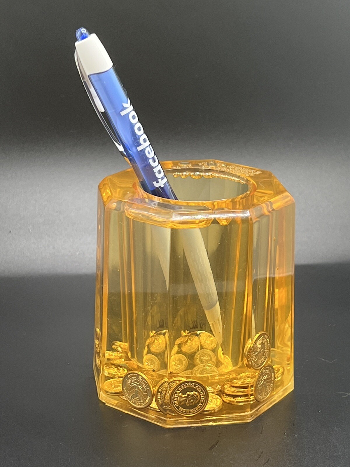 Vintage Lucite Acrylic Paperweight Pen Pencil Holder COINS Float In ...