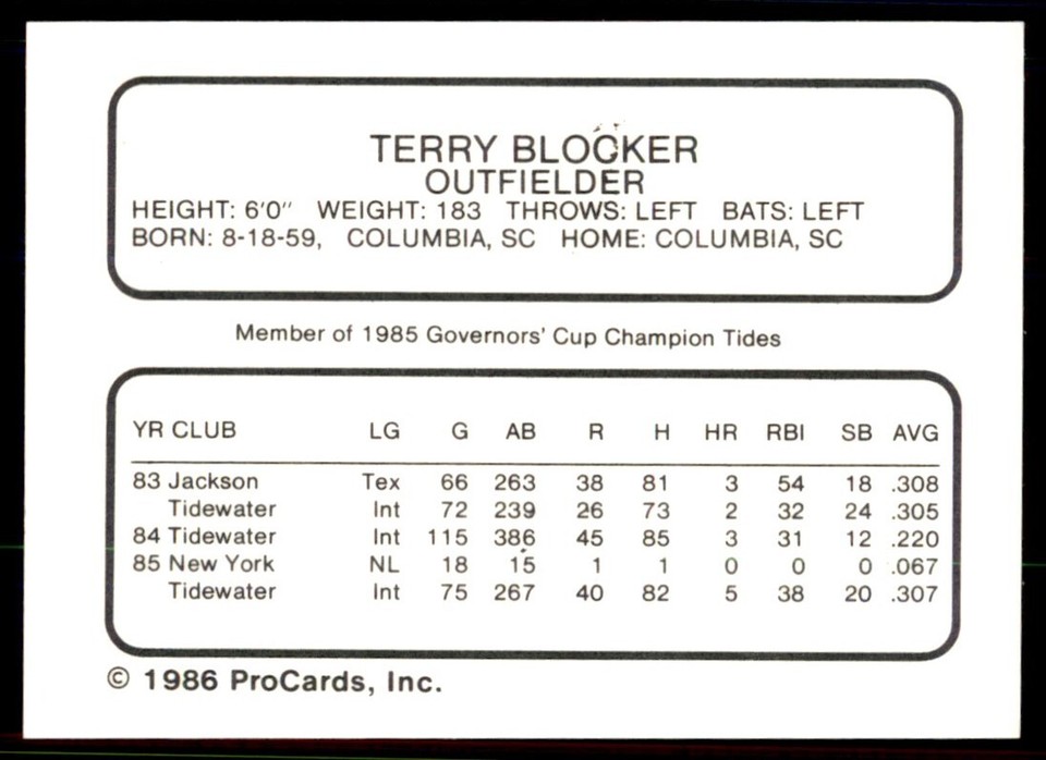1986 ProCards (Mets Logo) Minor League Terry Blocker (D) Tidewater ...