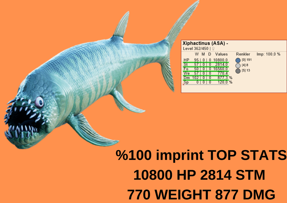Xiphactinus 362 LEVEL %100 imprint TOP STATS Ark Survival Ascended ...