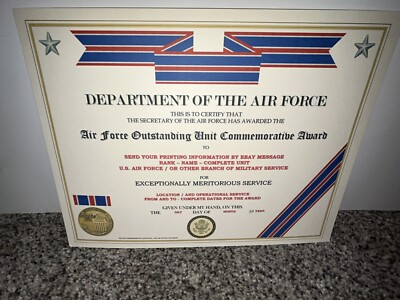 AIR FORCE OUTSTANDING UNIT AWARD COMMEMORATIVE CERTIFICATE ~ TYPE-2 / W ...