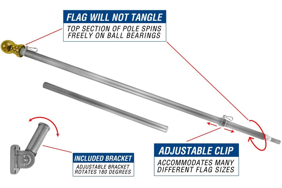 6ft Silver Spinning Stabilizer Tangle Free Flag Pole & Adjustable ...