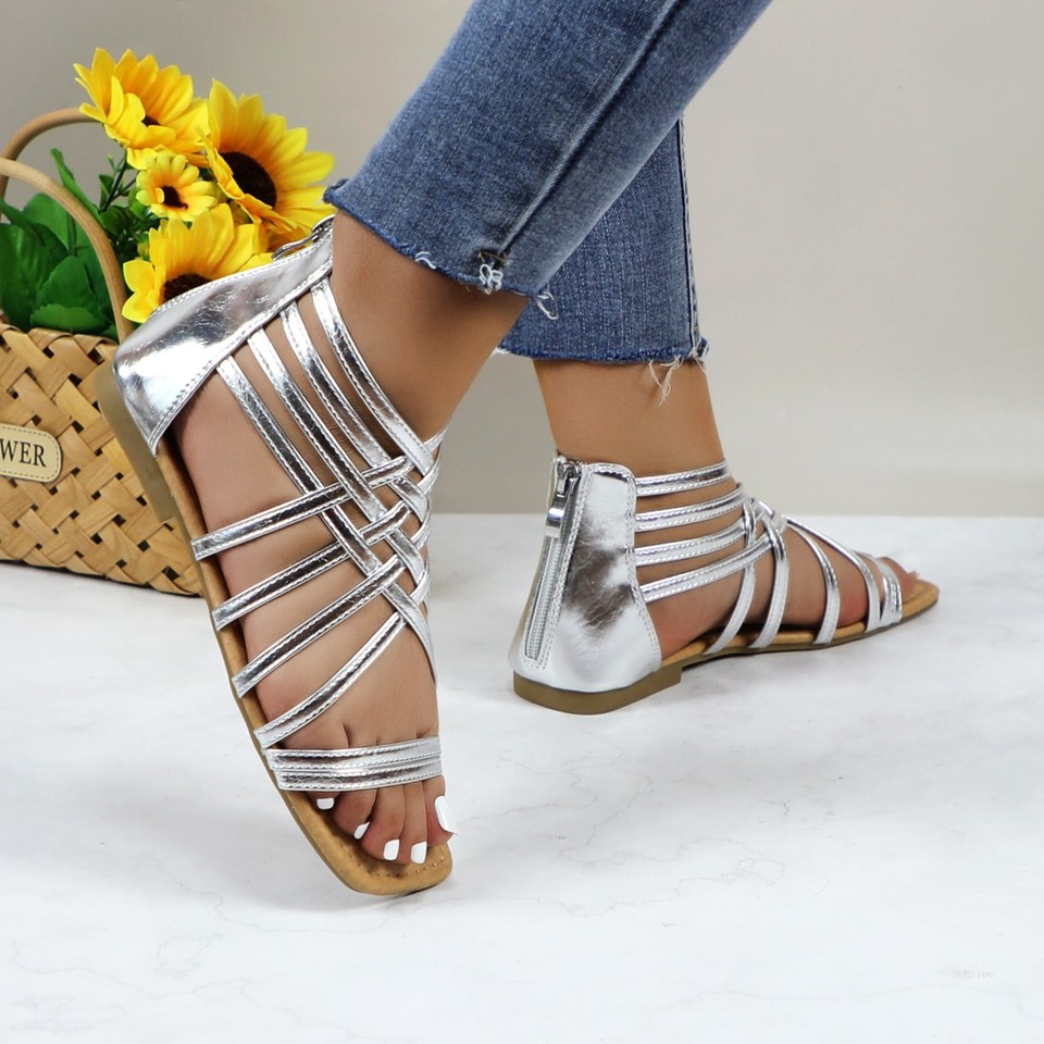 Glaze Women's Roman Gladiator Muliti Straped Back Zip Design Flat Heel ...