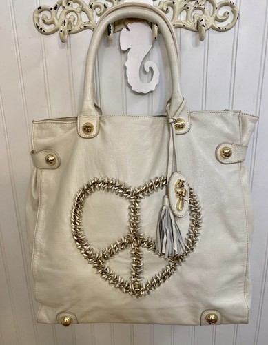 Peace Sign Heart Leather Handbag Chain XL Tote Bag Purse Cream Jessica ...