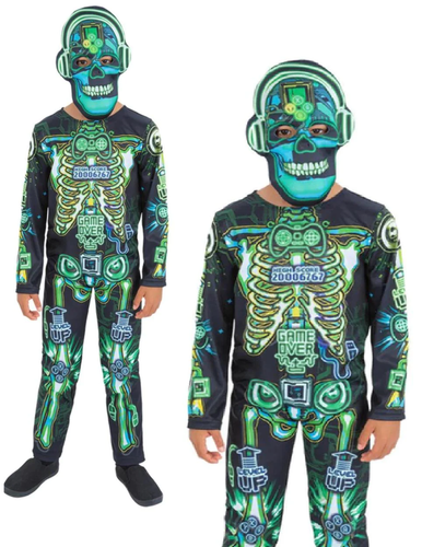 Glow in the Dark Tech Skeleton Costume Halloween Kids Gamer Fancy Dress ...