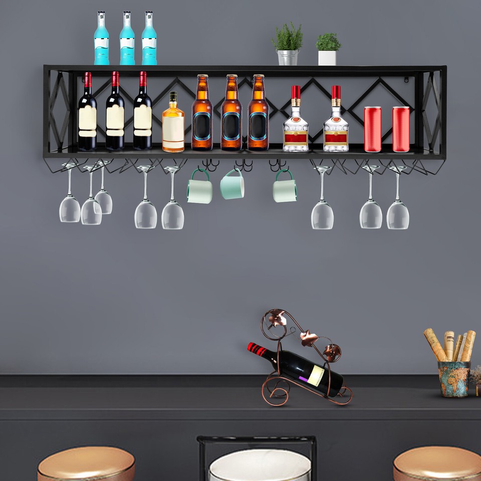 Wall-Mounted Inverted Wine Glass Rack Bar Unit Floating Shelves Bottle ...
