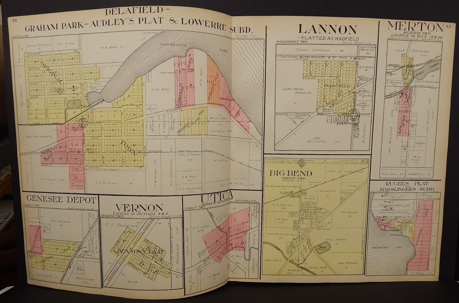 Wisconsin Waukesha County Map Delafield Lannon Big Bend 1914 Double ...