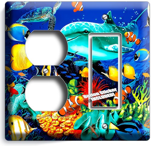 COLORFUL OCEAN LIFE TROPICAL SEA FISH DOLPHIN LIGHT SWITCH OUTLET ART ...