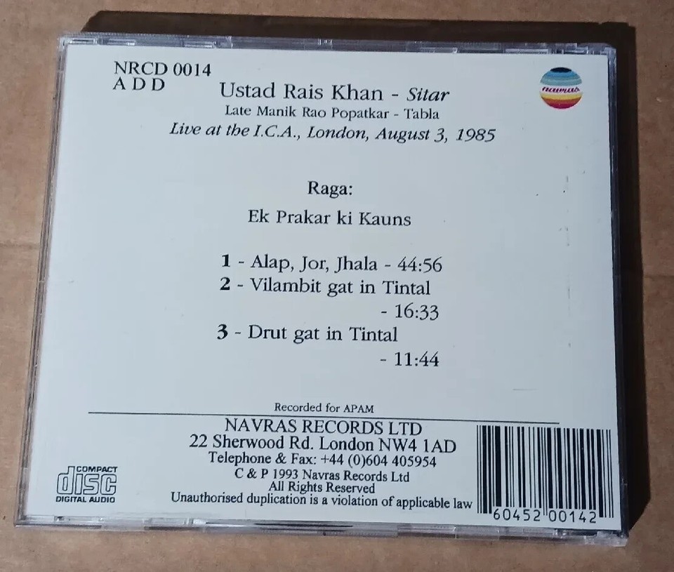 RAIS KHAN -MELODIOUS SITAR OF RAIS KHAN -EK PRAKAR KI TODI Brand New ...